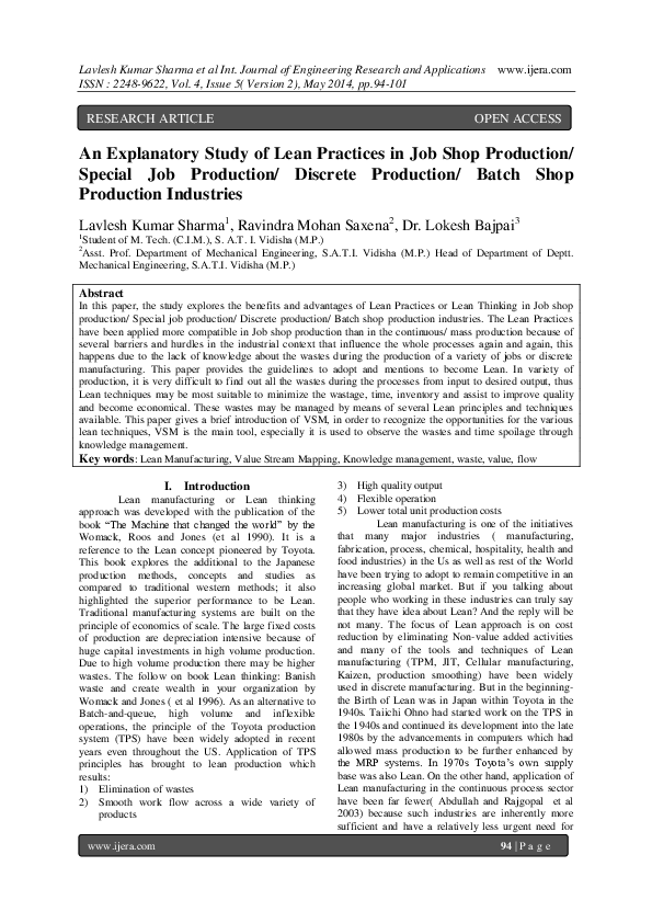 (PDF) An Explanatory Study of Lean Practices in Job Shop Production ...