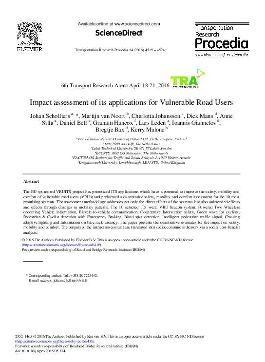 (PDF) Impact Assessment of Its Applications for Vulnerable Road Users