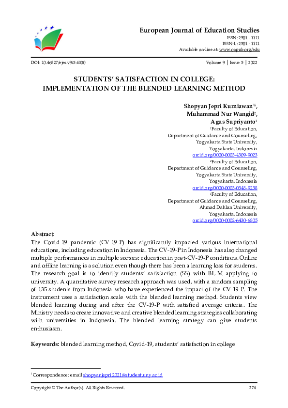 (PDF) Students’ Satisfaction in College: Implementation of the Blended Learning Method