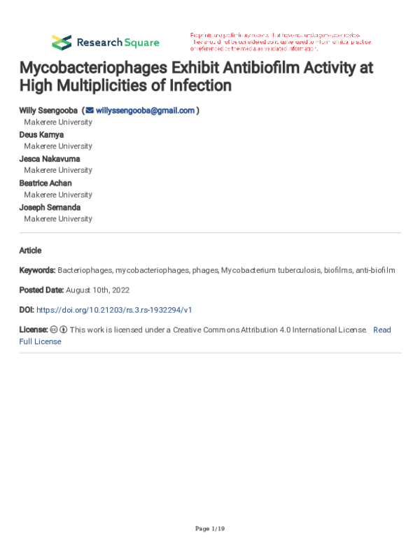 (PDF) Mycobacteriophages Exhibit Antibiofilm Activity at High ...