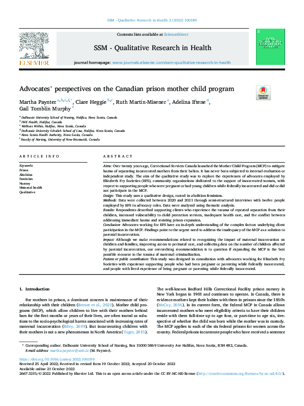 (PDF) Advocates’ perspectives on the Canadian prison mother child program