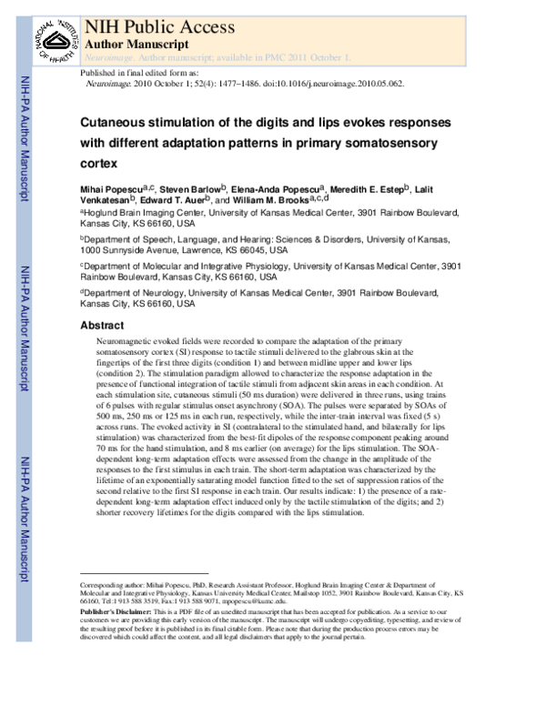 (PDF) Cutaneous stimulation of the digits and lips evokes responses ...