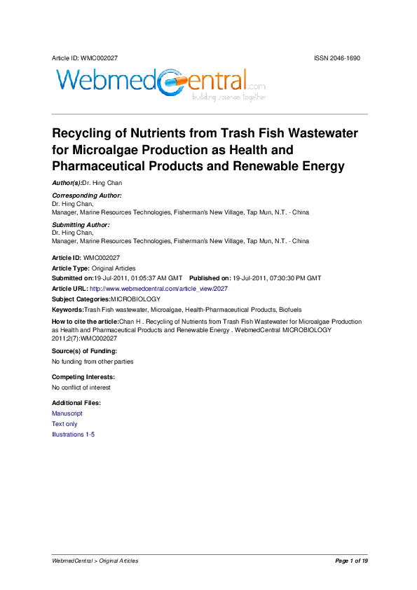 (PDF) Recycling of Nutrients from Trash Fish Wastewater for Microalgae ...