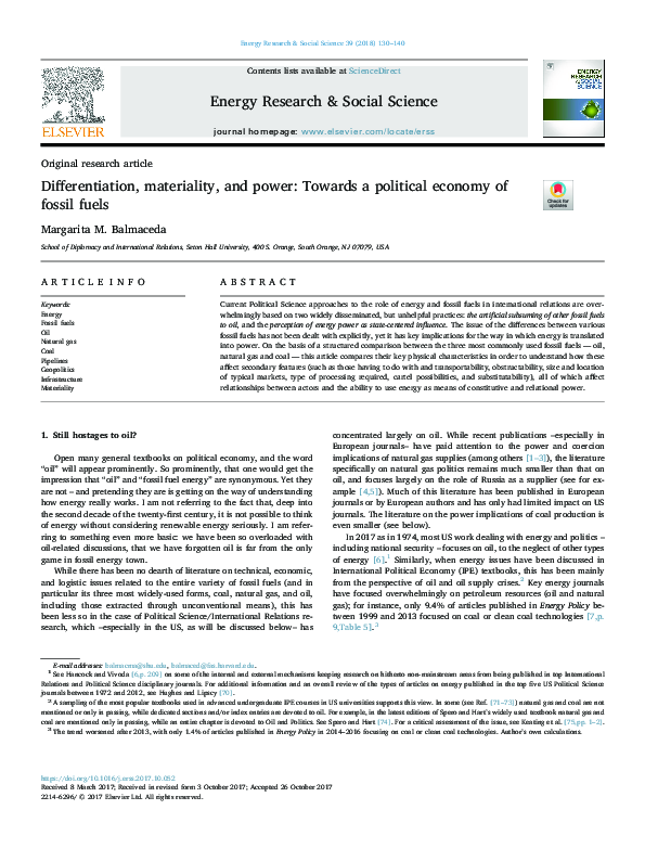 (PDF) Differentiation, materiality, and power: Towards a political economy of fossil fuels