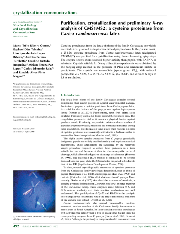 (PDF) Purification, crystallization and preliminary X-ray analysis of ...