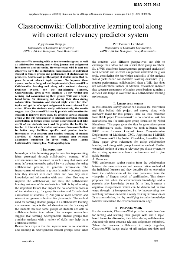 (PDF) Classroomwiki: Collaborative learning tool along with content relevancy predictor system