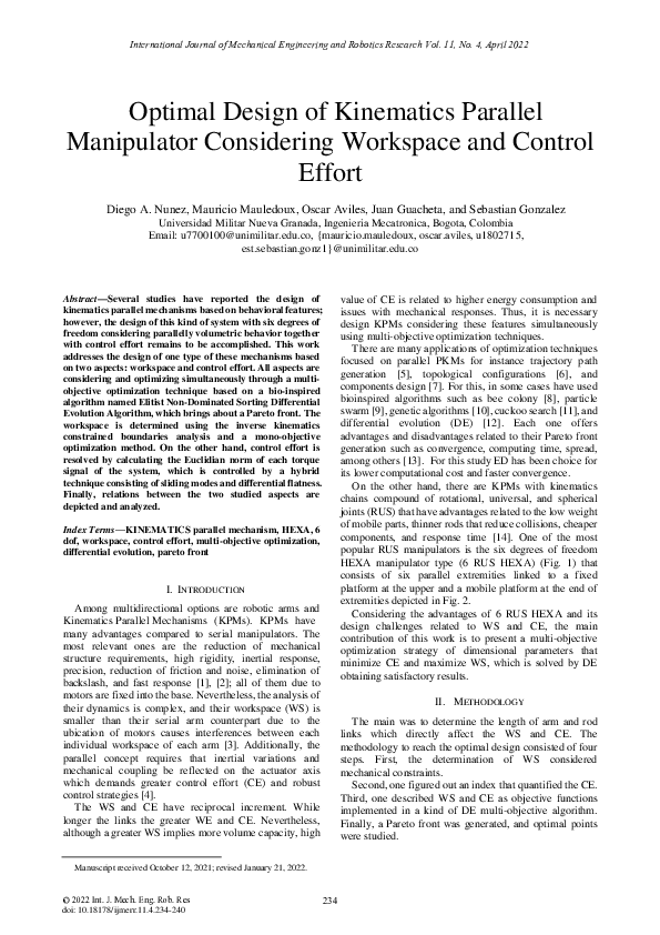 (PDF) Optimal Design of Kinematics Parallel Manipulator Considering Workspace and Control Effort ...