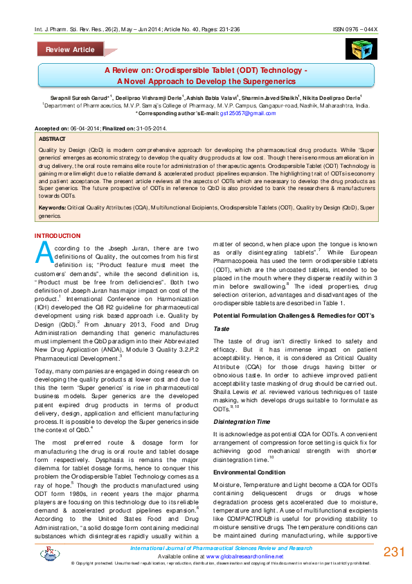 (PDF) A Review on: Orodispersible Tablet (ODT) Technology - A Novel ...