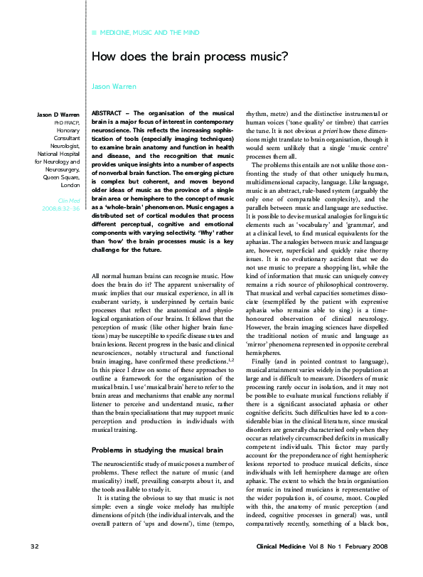 (PDF) How does the brain process music?