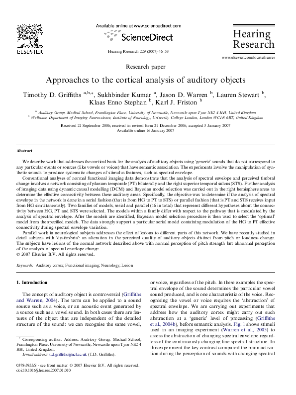 (PDF) Approaches to the cortical analysis of auditory objects