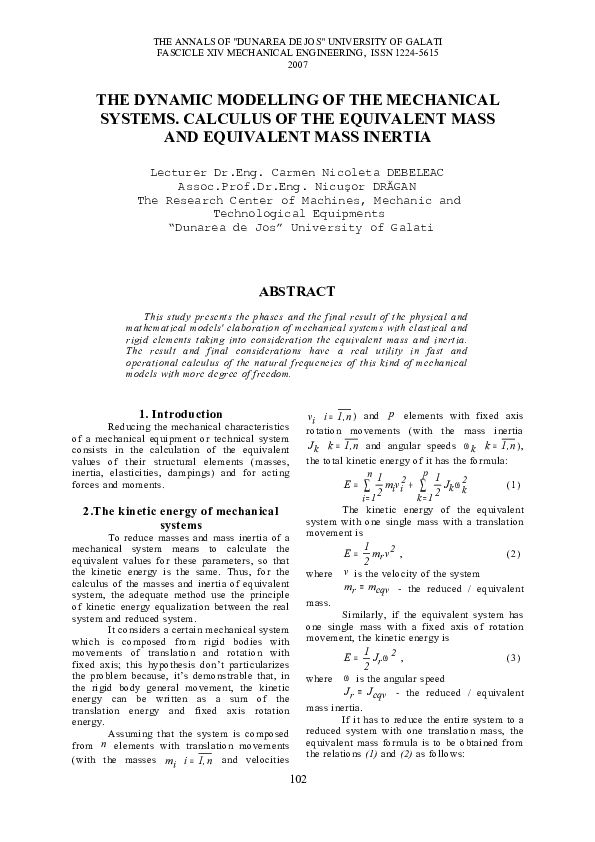 (PDF) The Dynamic Modelling of the Mechanical Systems. Calculus of the ...