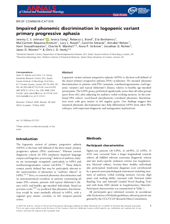 (PDF) Impaired phonemic discrimination in logopenic variant primary ...