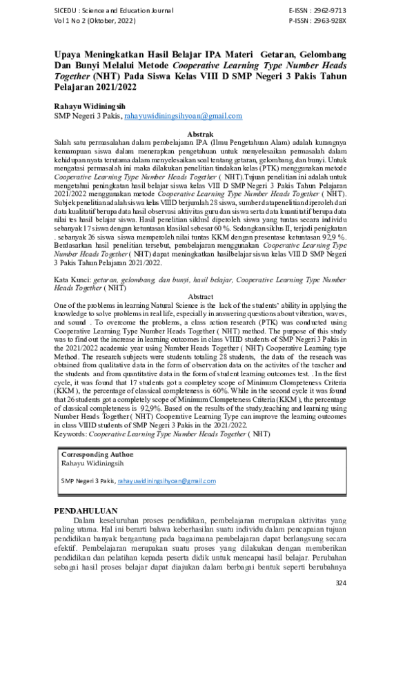 (PDF) Upaya Meningkatkan Hasil Belajar IPA Materi Getaran, Gelombang Dan Bunyi Melalui Metode ...