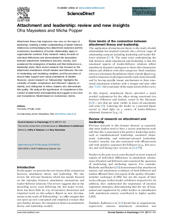(PDF) Attachment and leadership: review and new insights