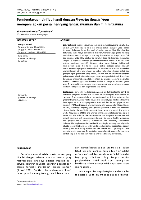 (PDF) Pemberdayaan Diri Ibu Hamil Dengan Prenatal Gentle Yoga Mempersiapkan Persalinan Yang ...