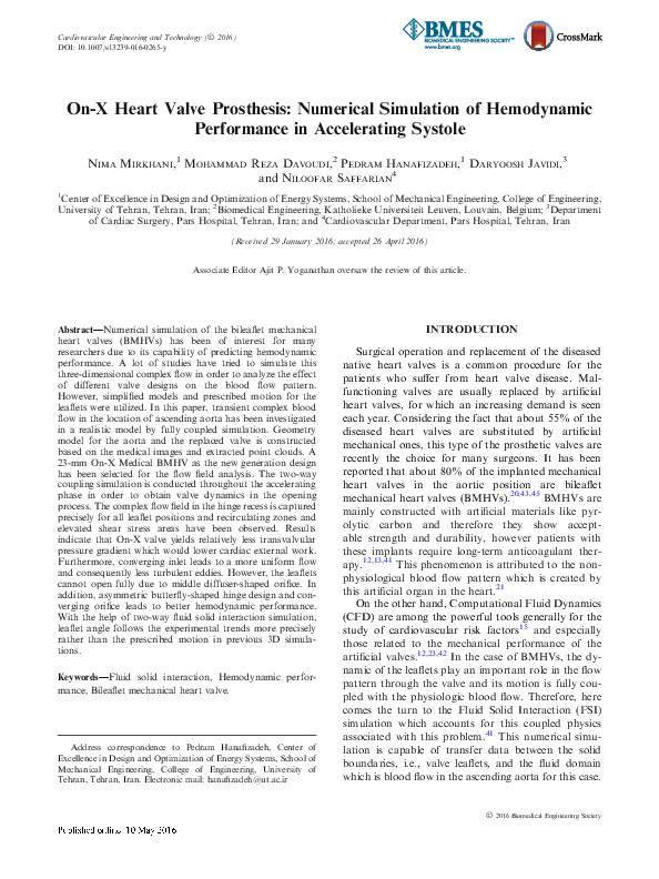 (PDF) On-X Heart Valve Prosthesis: Numerical Simulation of Hemodynamic ...