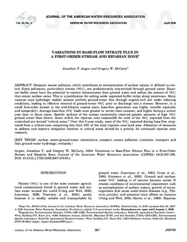 (PDF) Variations in Base-Flow Nitrate Flux in a First-Order Stream and Riparian Zone1 | Gregory ...