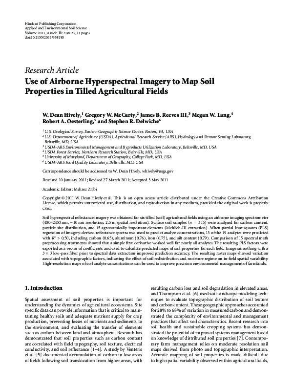 (PDF) Use of Airborne Hyperspectral Imagery to Map Soil Properties in Tilled Agricultural Fields
