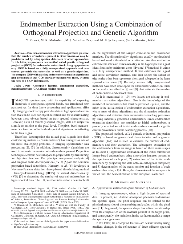 Pdf Endmember Extraction Using A Combination Of Orthogonal Projection And Genetic Algorithm