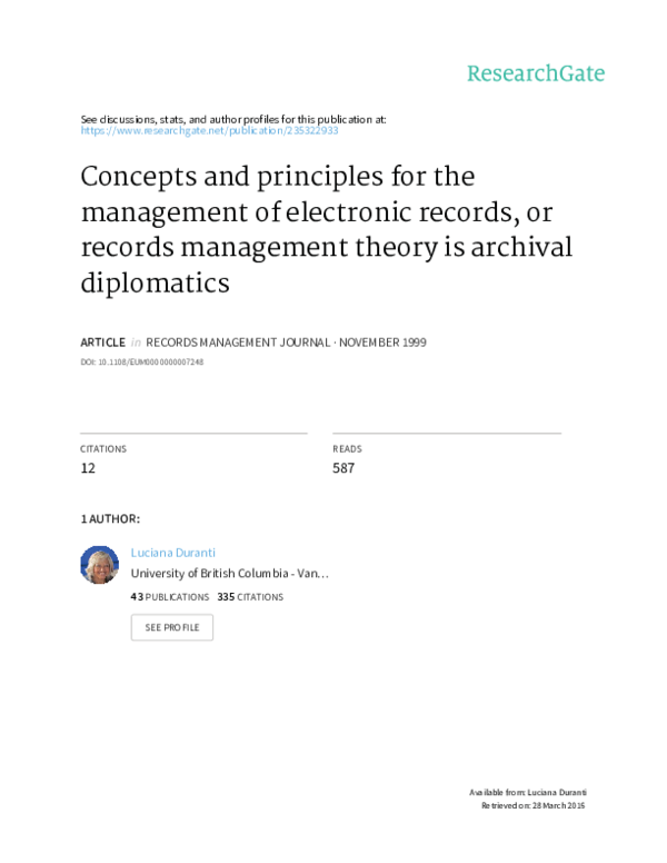 (PDF) Concepts and principles for the management of electronic records, or records management ...