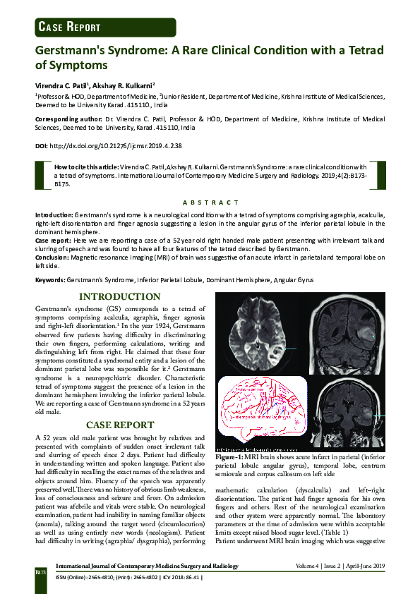 (PDF) Gerstmann's Syndrome: A Rare Clinical Condition with a Tetrad of ...
