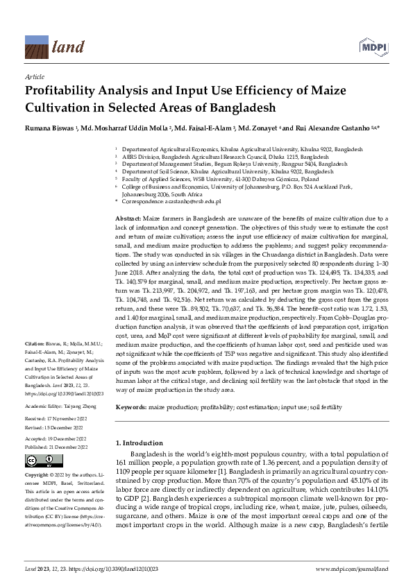 (PDF) Profitability Analysis and Input Use Efficiency of Maize Cultivation in Selected Areas of ...