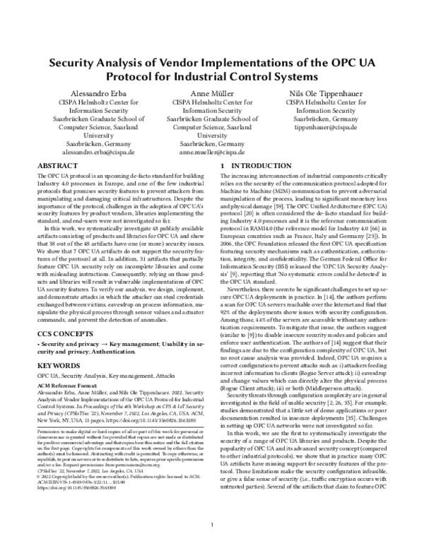 (PDF) Security Analysis of Vendor Implementations of the OPC UA Protocol for Industrial Control ...