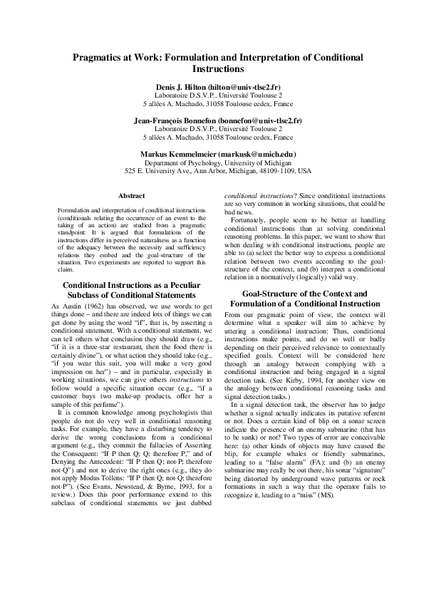 (PDF) Pragmatics at work: Formulation and interpretation of conditional instructions