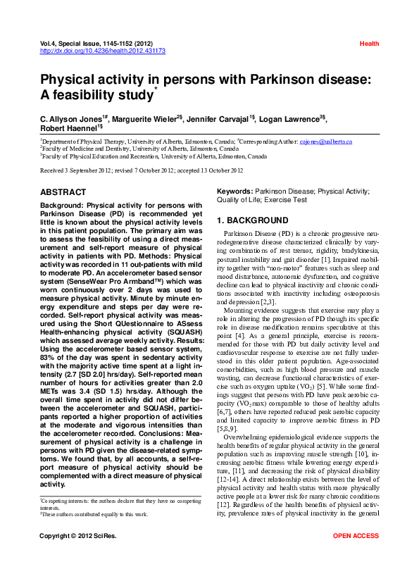 (PDF) Physical activity in persons with Parkinson disease: A feasibility study