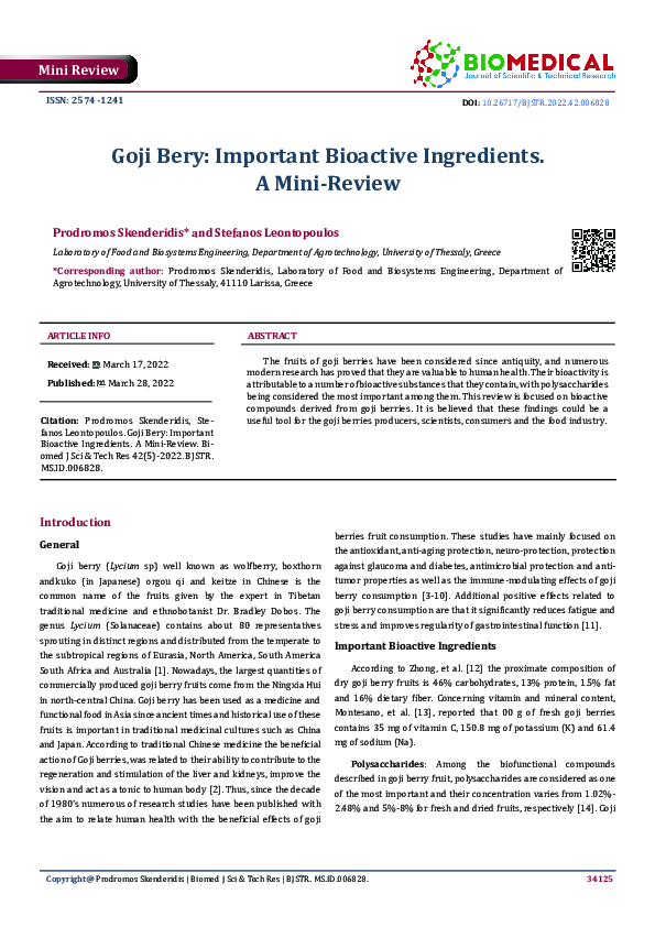 Pdf Goji Bery Important Bioactive Ingredients A Mini Review