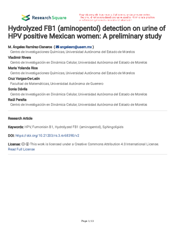 (PDF) Hydrolyzed FB1 (aminopentol) detection on urine of HPV positive Mexican women: A ...