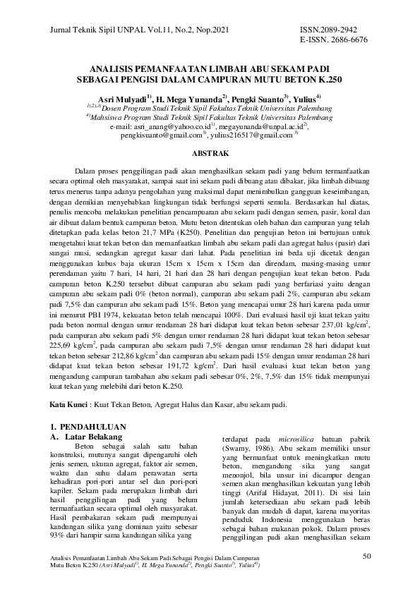 (PDF) Analisis Pemanfaatan Limbah Abu Sekam Padi Sebagai Pengisi Dalam Campuran Mutu Beton K.250