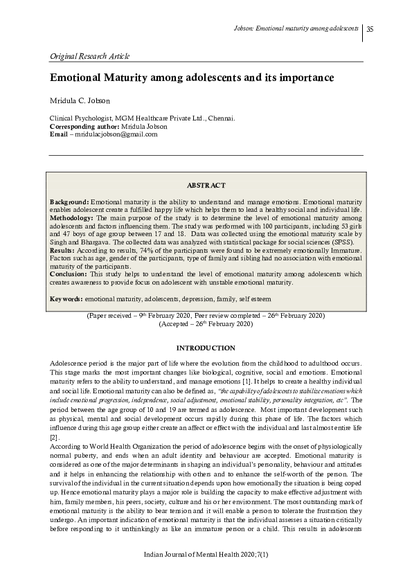 (PDF) Emotional Maturity among adolescents and its importance