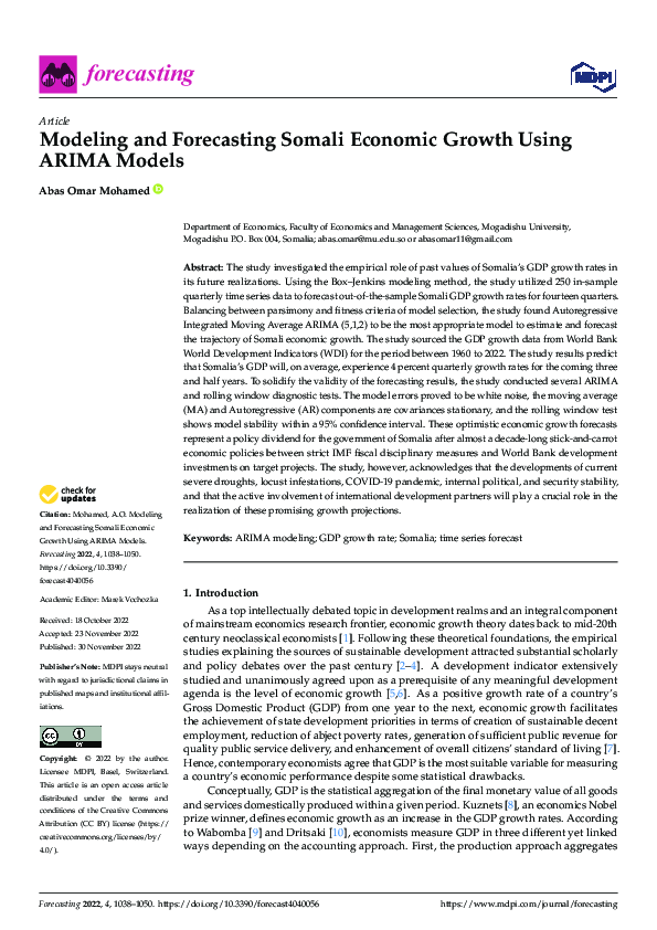 Pdf Modeling And Forecasting Somali Economic Growth Using Arima Models