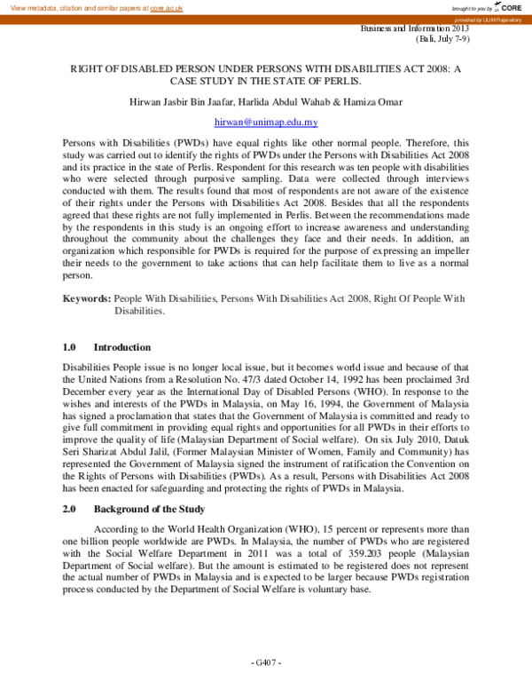 (PDF) Rights of Disabled Under the 2008 Act in Perlis