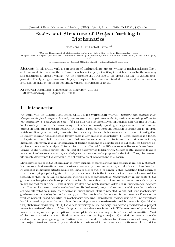 (PDF) Basics and Structure of Project Writing in Mathematics