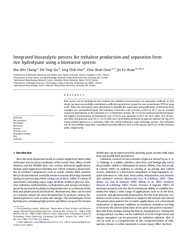 (PDF) Integrated biocatalytic process for trehalose production and separation from rice ...