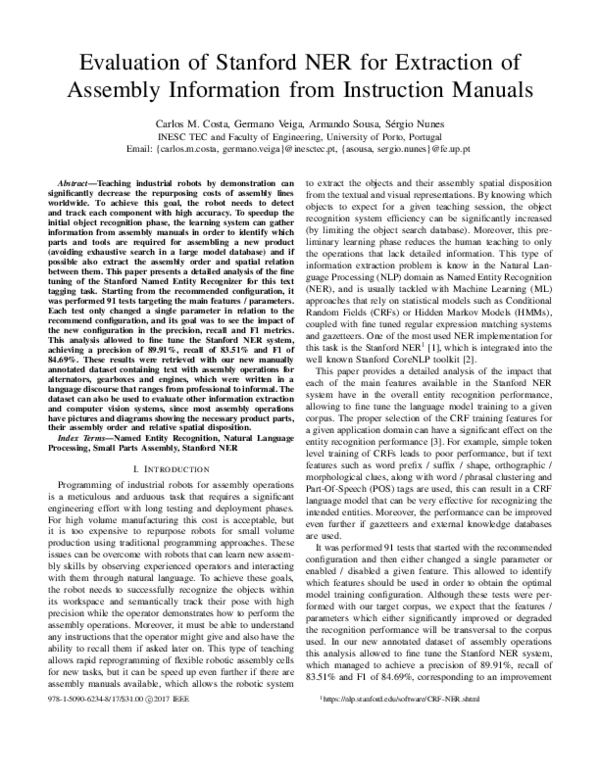 (PDF) Evaluation of Stanford NER for extraction of assembly information from instruction manuals