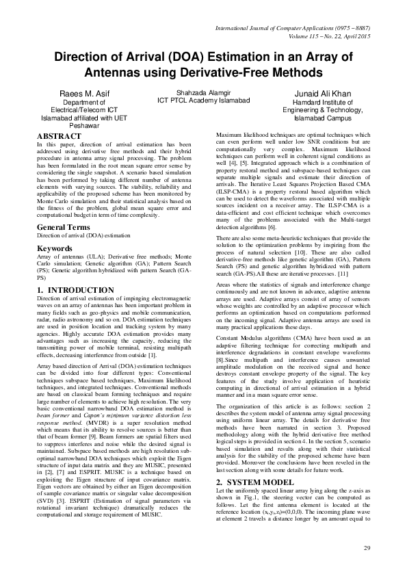 (PDF) Direction of Arrival (DOA) Estimation in an Array of Antennas using Derivative-Free Methods