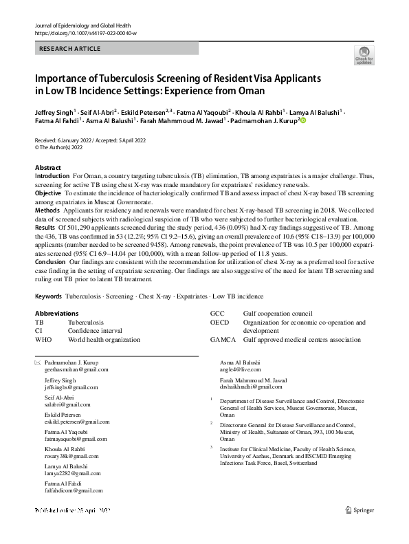 (PDF) Importance of Tuberculosis Screening of Resident Visa Applicants ...