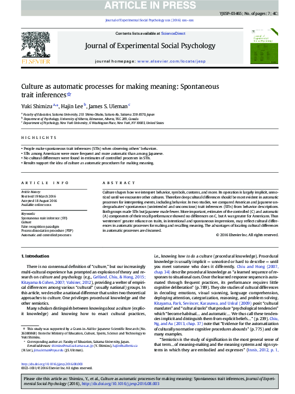 (PDF) Culture as automatic processes for making meaning: Spontaneous ...