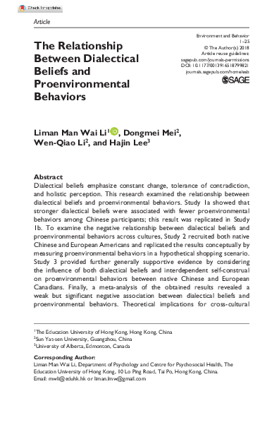 (PDF) The Relationship Between Dialectical Beliefs and Proenvironmental Behaviors