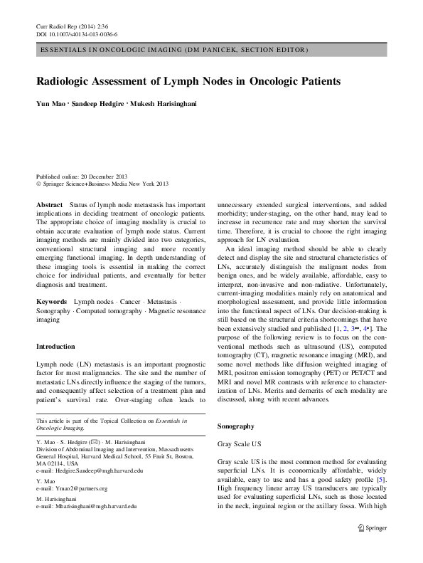 (PDF) Radiologic Assessment of Lymph Nodes in Oncologic Patients