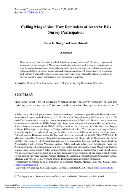 (PDF) Calling Mogadishu: How Reminders of Anarchy Bias Survey Participation