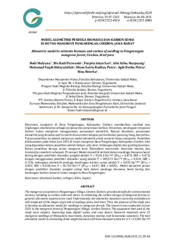 (PDF) Allometric model to estimate biomass and carbon of seedling in Pangarengan mangrove forest ...