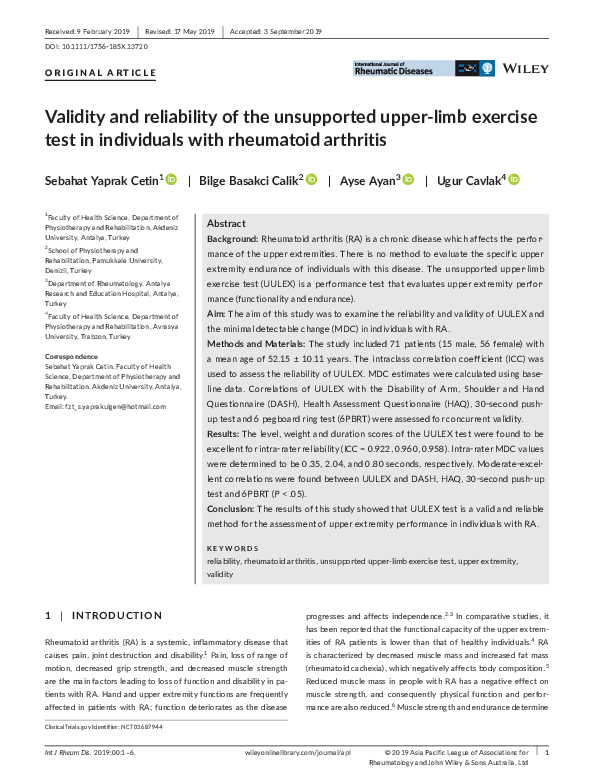 (PDF) Validity and reliability of the unsupported upper‐limb exercise ...