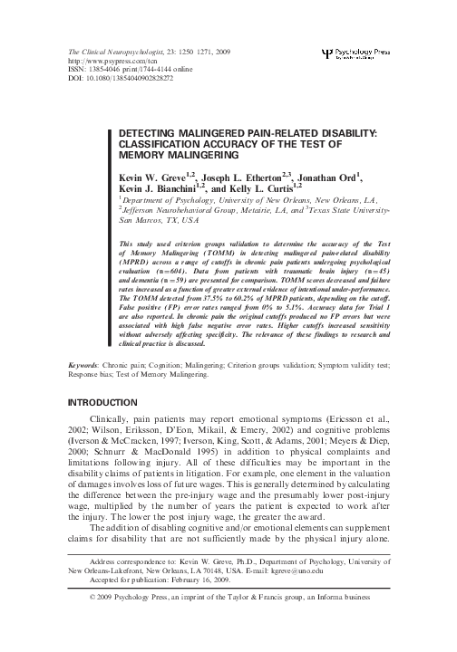 (PDF) Detecting Malingered Pain-Related Disability: Classification ...