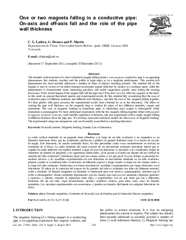 (PDF) One or two magnets falling in a conductive pipe: On-axis and off ...