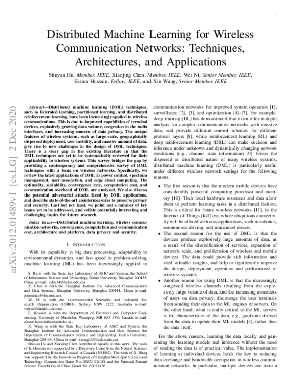 (PDF) Distributed Machine Learning for Wireless Communication Networks: Techniques ...
