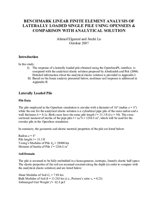 (PDF) Benchmark Linear Finite Element Analysis of Laterally Loaded Single Pile Using Opensees ...